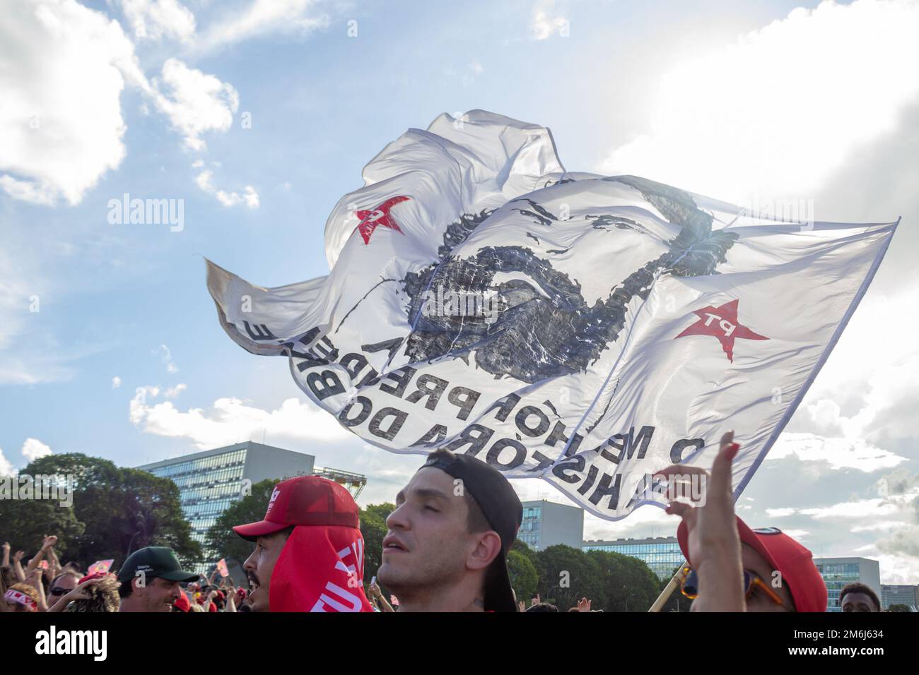 BRASÍLIA DF BRAZIL – JANUARY 01 2023: A giant white flag with Lula's ...