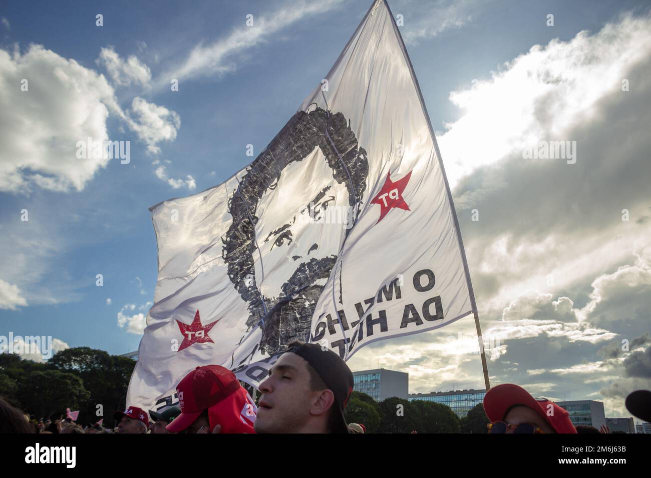 BRASÍLIA DF BRAZIL – JANUARY 01 2023: A giant white flag with Lula's ...