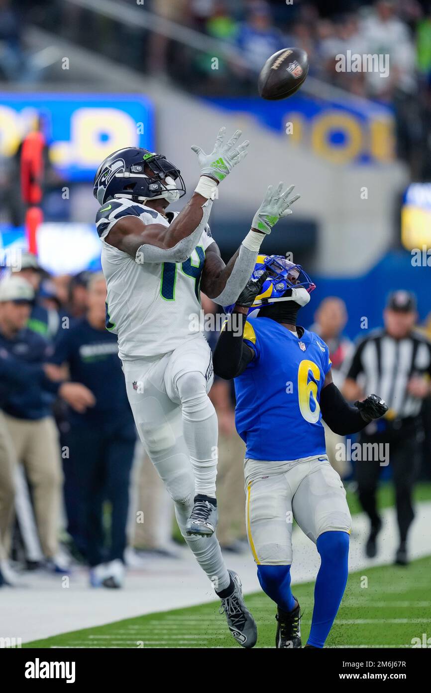 Seattle Seahawks wide receiver DK Metcalf (14) catches a pass over Los ...