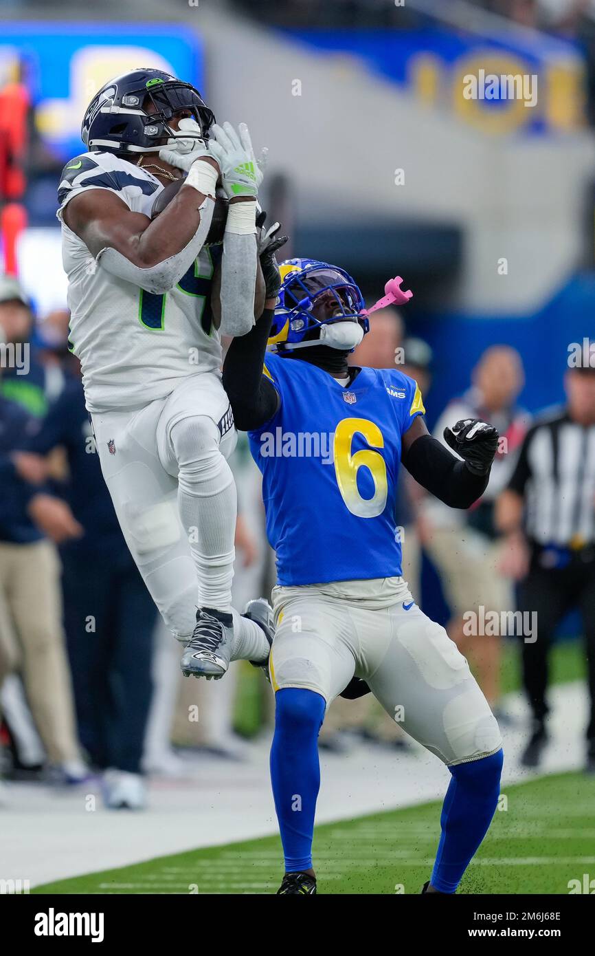 Seattle Seahawks wide receiver DK Metcalf (14) catches a pass over Los ...