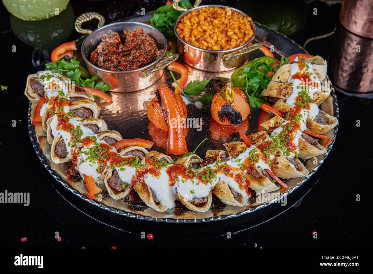 Traditional Turkish Cuisine Sarma Beyti Kebab. Turkish and Arabic ...