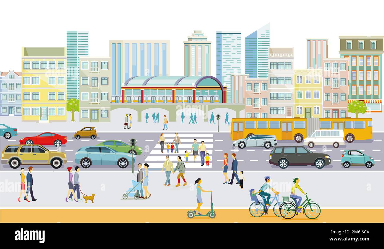 City silhouette with pedestrians on the zebra crossing and public ...