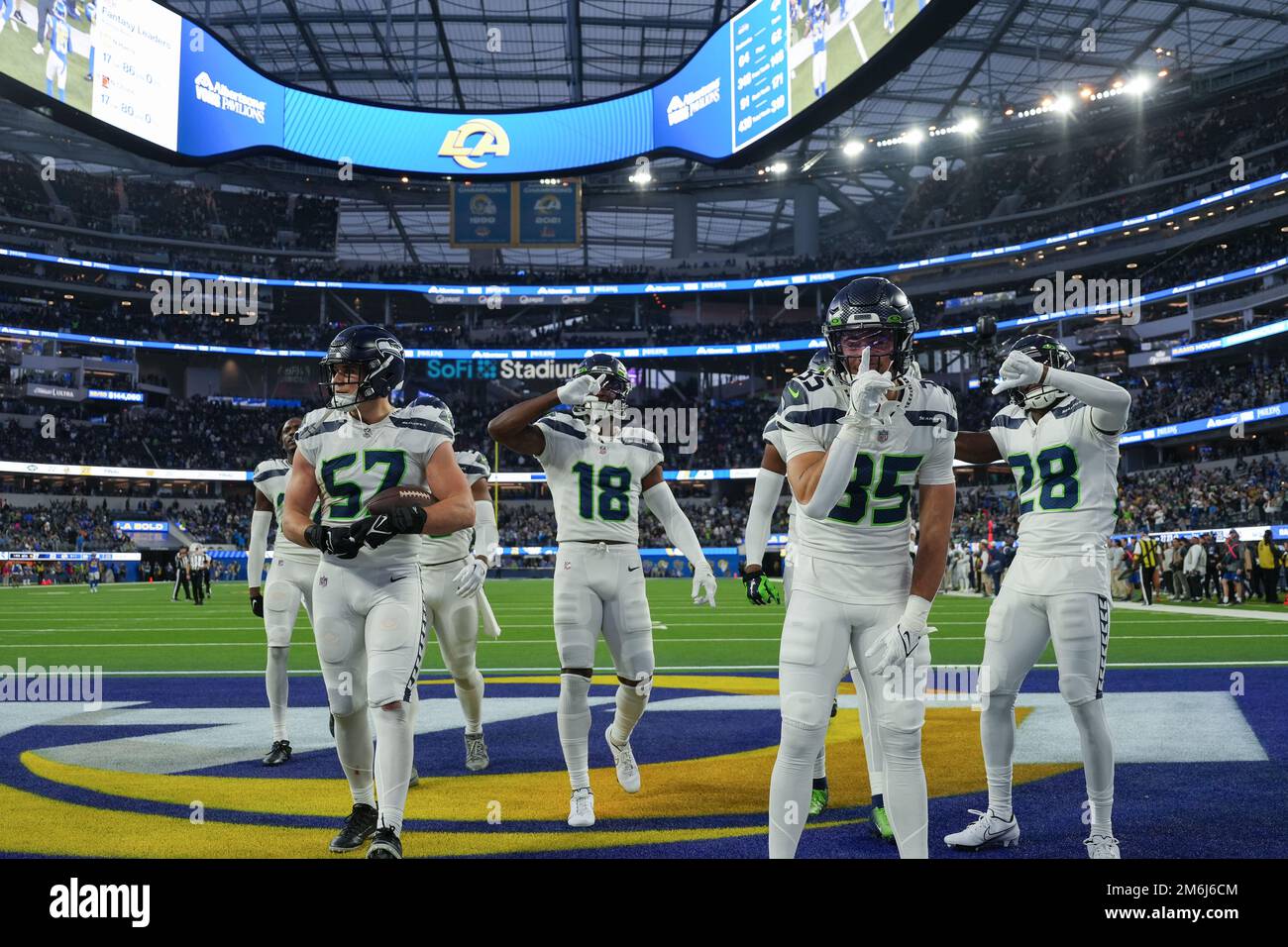 Seattle Seahawks linebacker Cody Barton (57), wide receiver Laquon ...