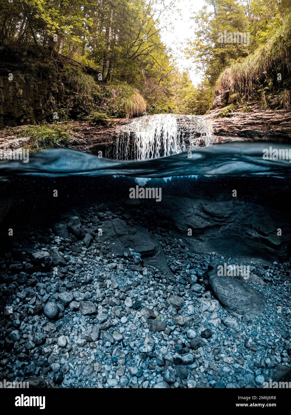 A vertical split view of a waterfall above and below water surface ...