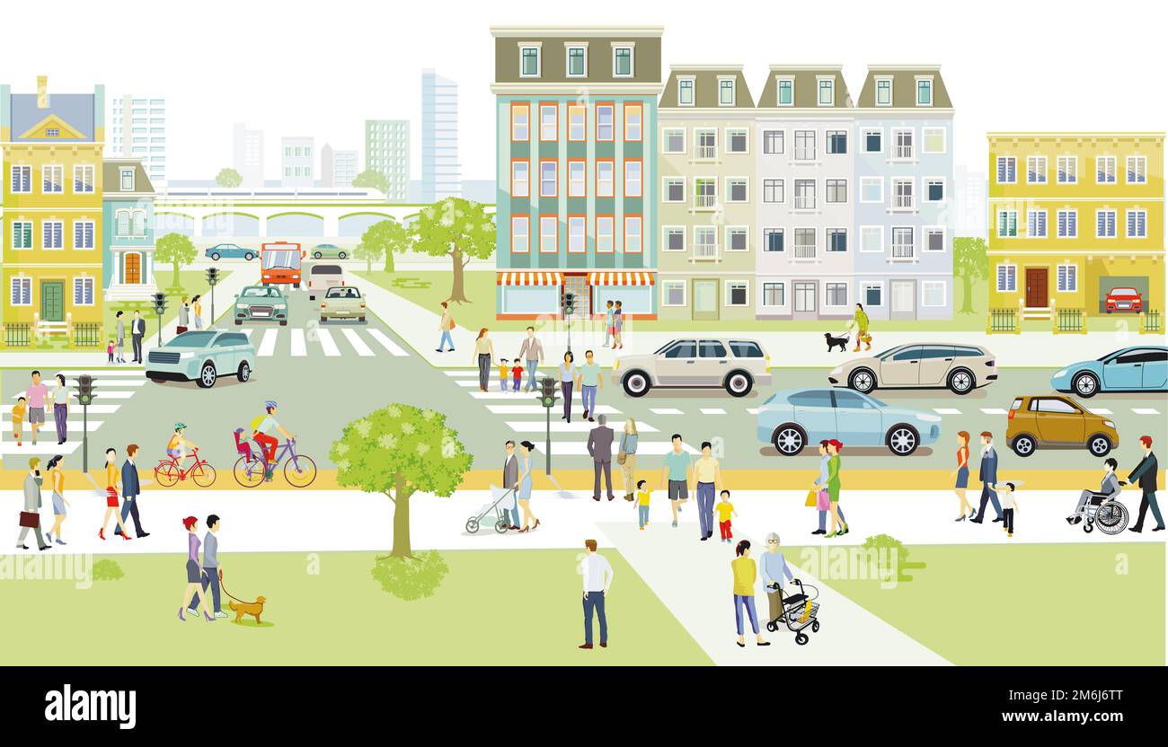 City silhouette with pedestrians on the zebra crossing and public ...