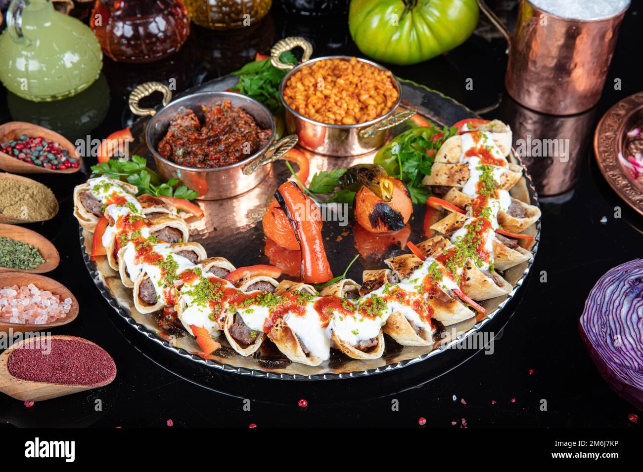 Traditional Turkish Cuisine Sarma Beyti Kebab. Turkish and Arabic ...