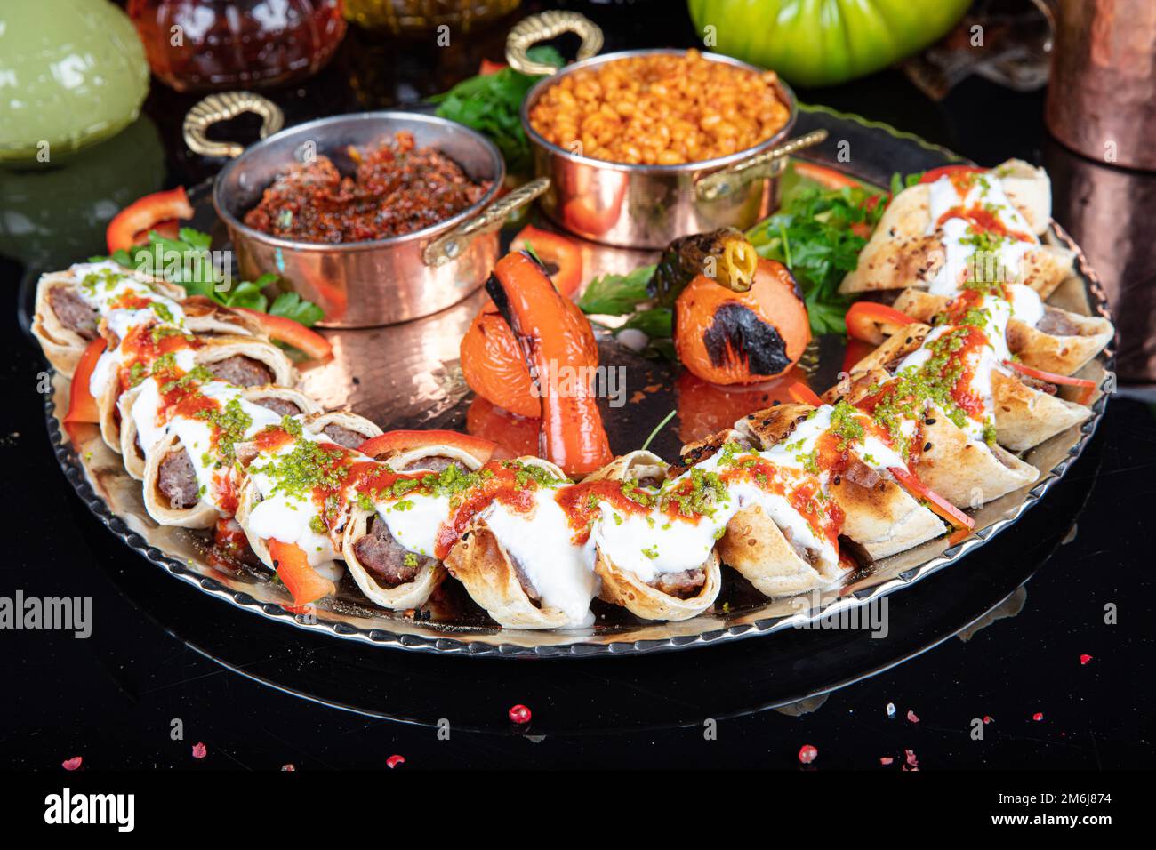 Traditional Turkish Cuisine Sarma Beyti Kebab. Turkish and Arabic ...