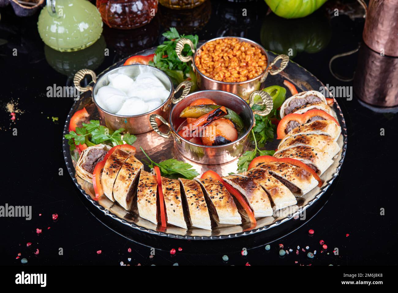 Traditional Turkish Cuisine Sarma Beyti Kebab. Turkish and Arabic ...