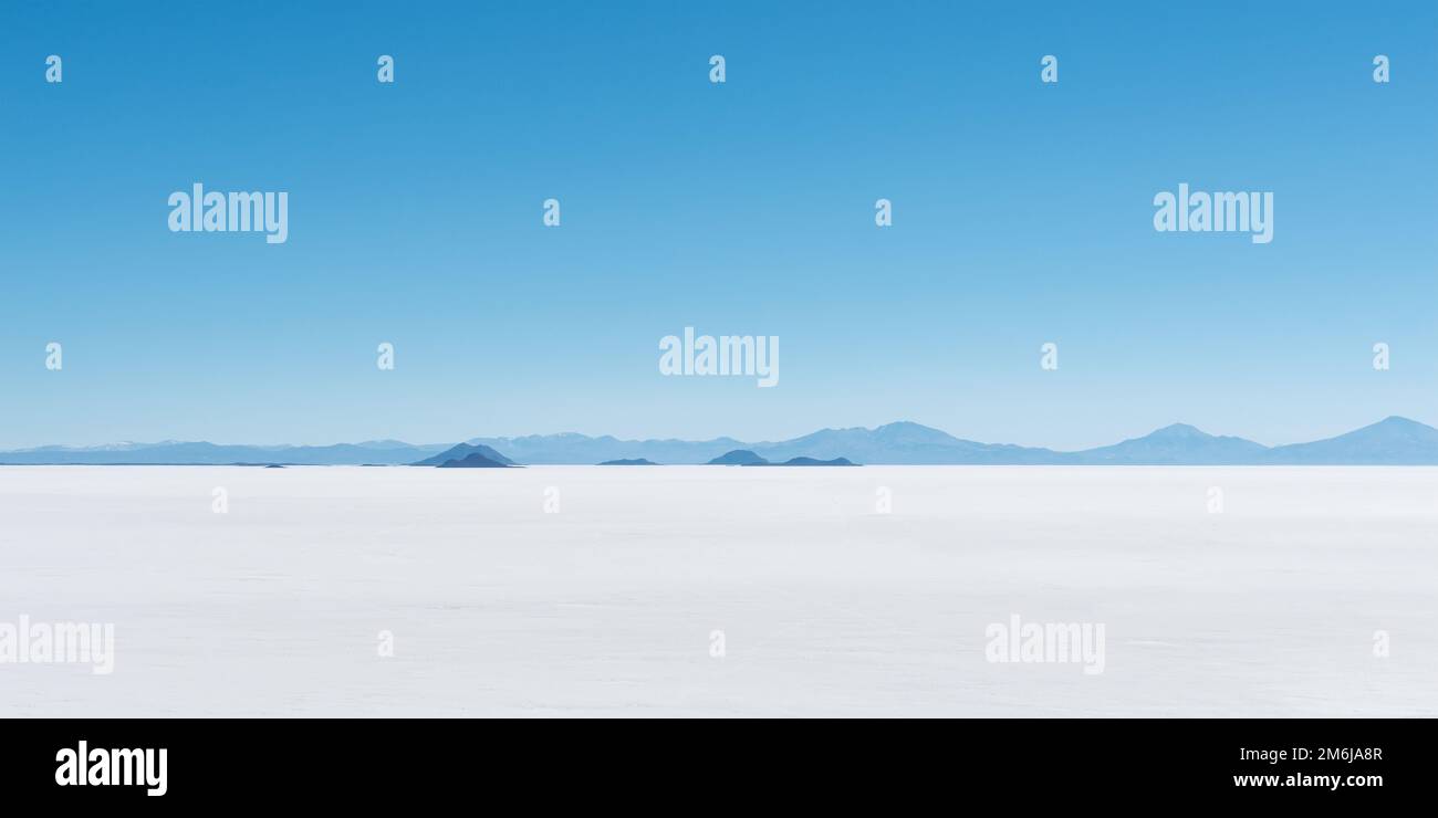 Panorama of lost islands in a sea of salt, Uyuni salt flat desert ...