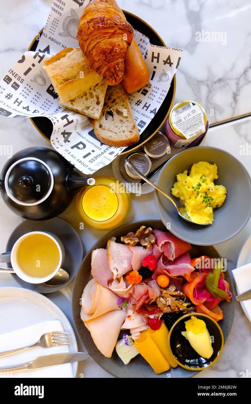 A vertical top shot of an appetizing breakfast with orange juice Stock ...