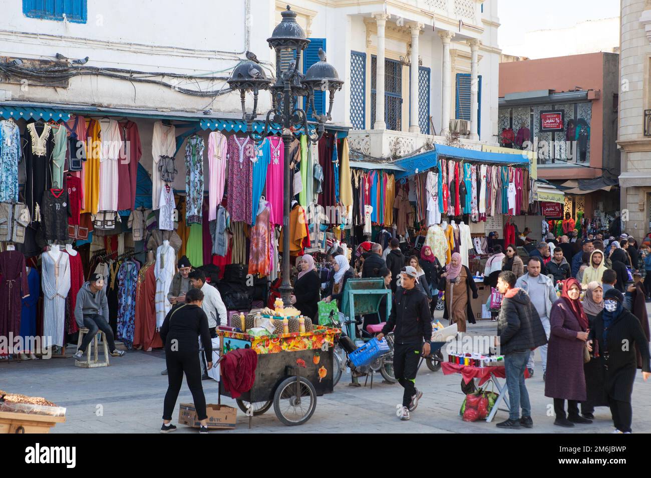 Clothing & textile shops in Victory Square, Tunis Stock Photo - Alamy