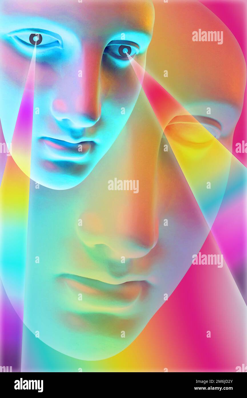 Collage with antique sculpture of human face with rays from eyes in pop ...