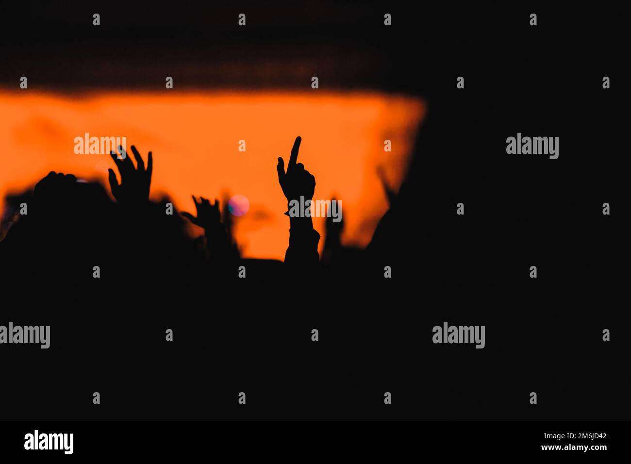 Cheering crowd with raised hands at concert - music festival Stock ...