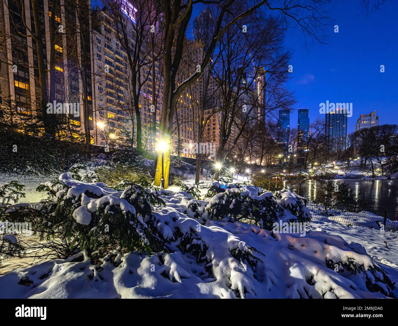 Central Park in winter after snow storm at dawn, sunrise Stock Photo ...