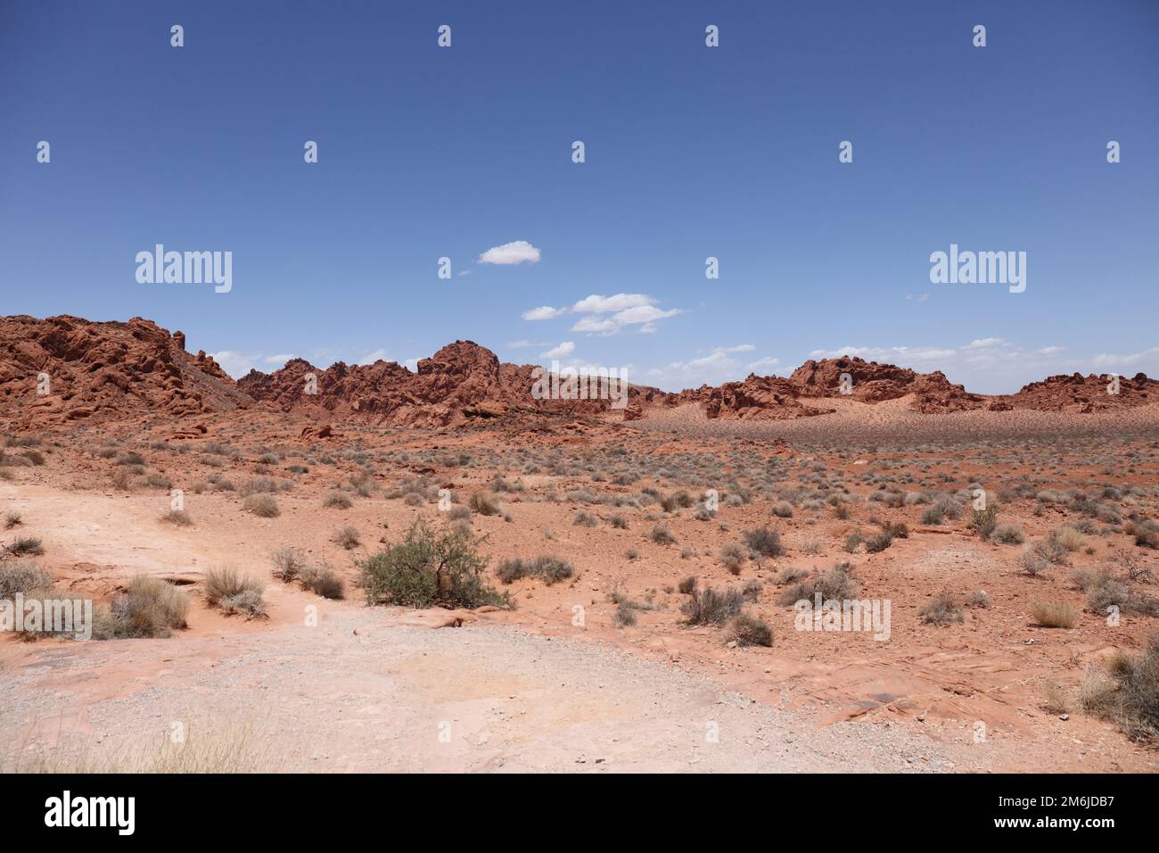 Hills of bright red Aztec sandstone behind the harsh, desert landscape ...