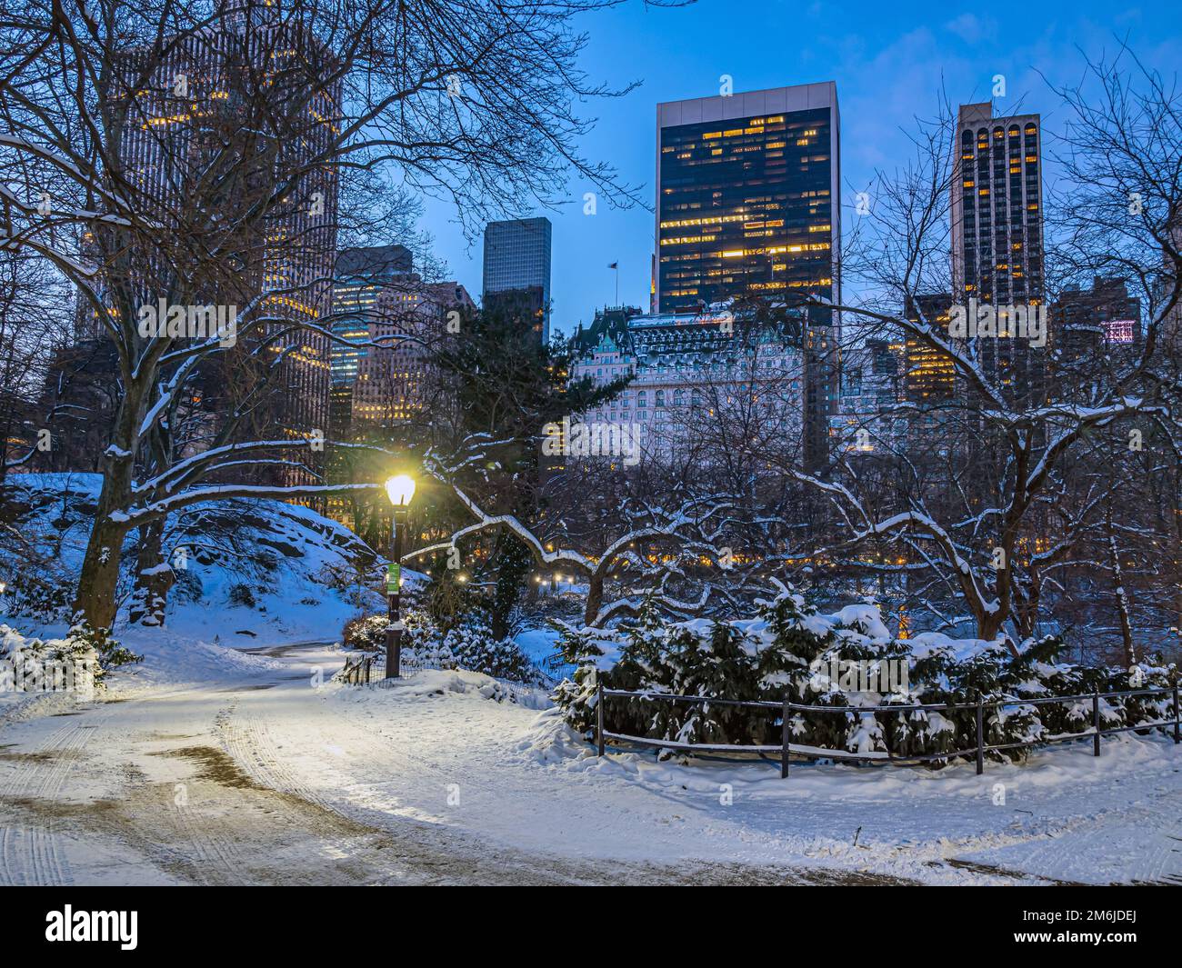 Central Park in winter after snow storm at dawn, sunrise Stock Photo ...