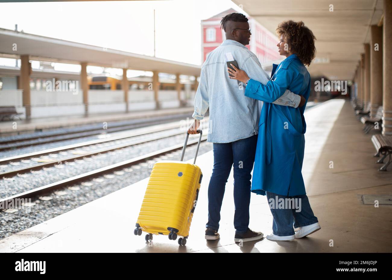 Romantic Black Couple Standing On Platform At Railway Station And ...
