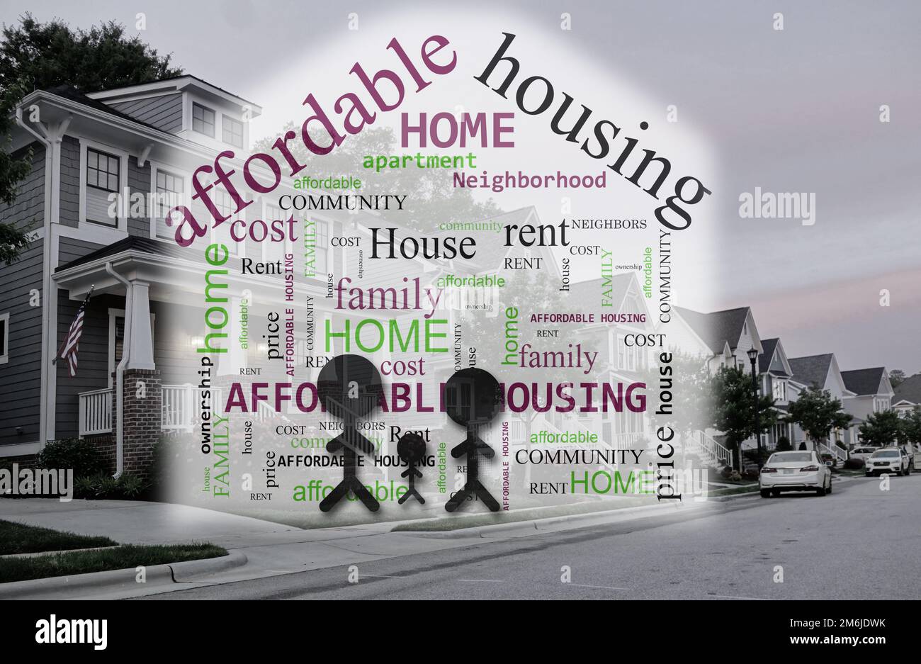 Affordable Housing word cloud and family with neighborhood houses ...