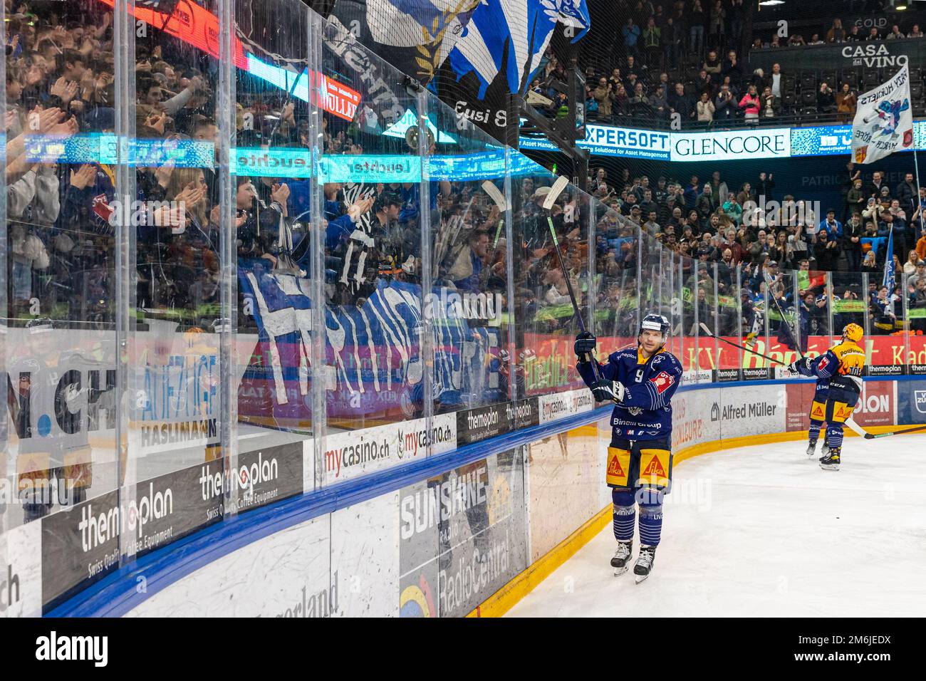 Best Player of EV Zug Brian O'Neill #9 (EV Zug) is celebrated by the ...