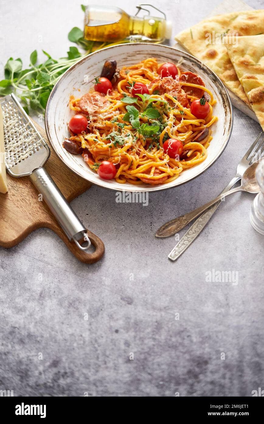 Spaghetti with spicy sausages, tomato sauce, parmesan cheese Stock ...