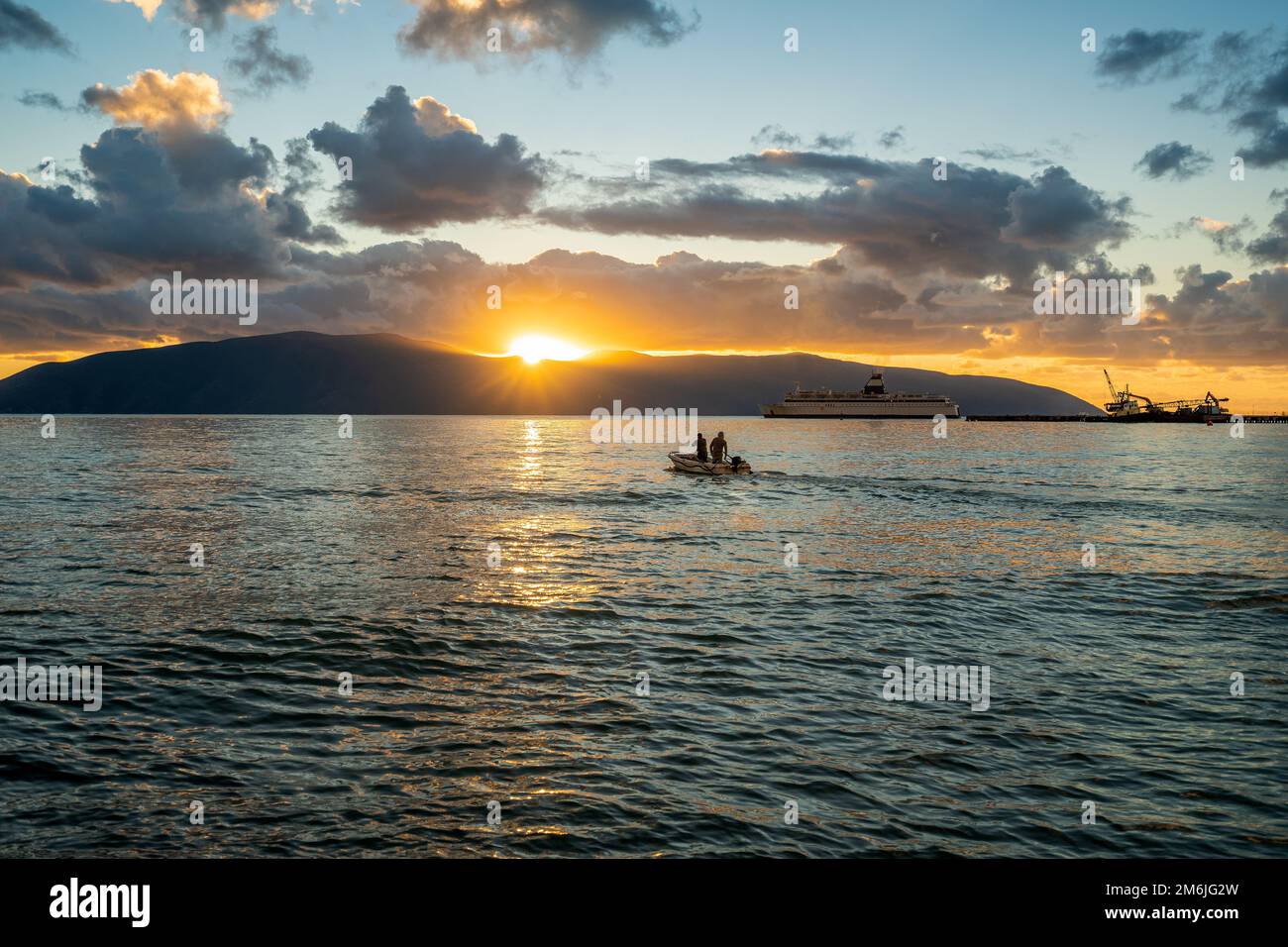 Sunset Over the Sea with Fishing Boat , Beautiful Nature Background ...