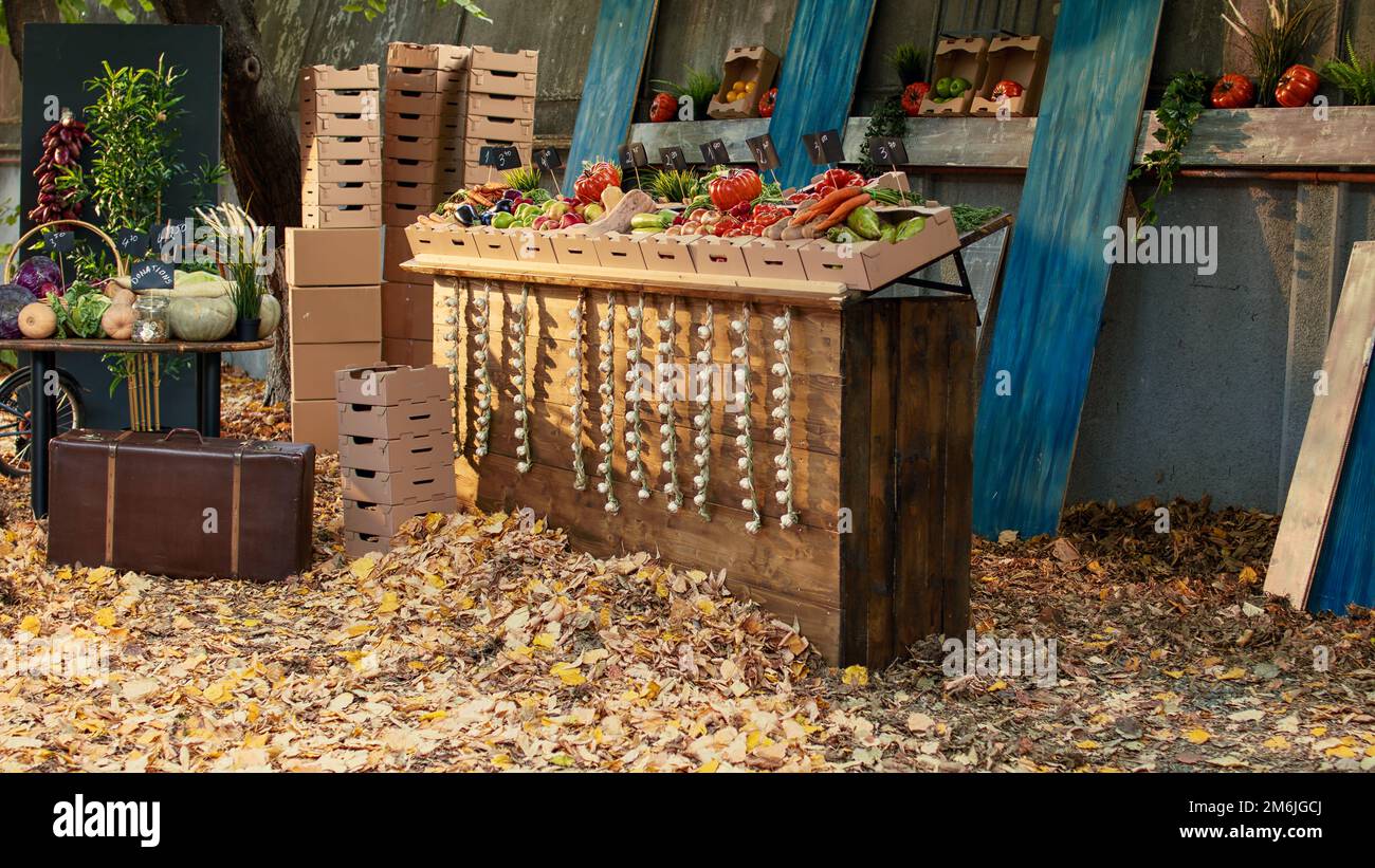 Organic natural local fruits and vegetables on farmers market stall ...