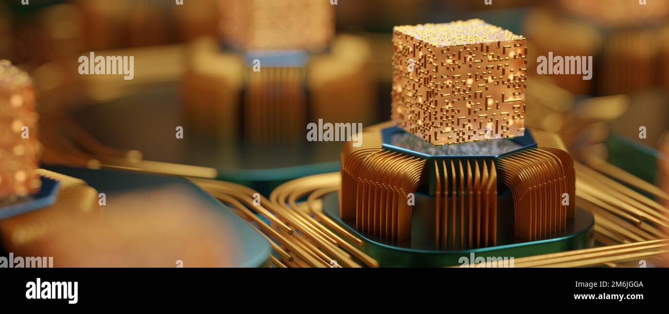 Wide banner. Blockchain concept. Quantum Computing. Quantum processor ...