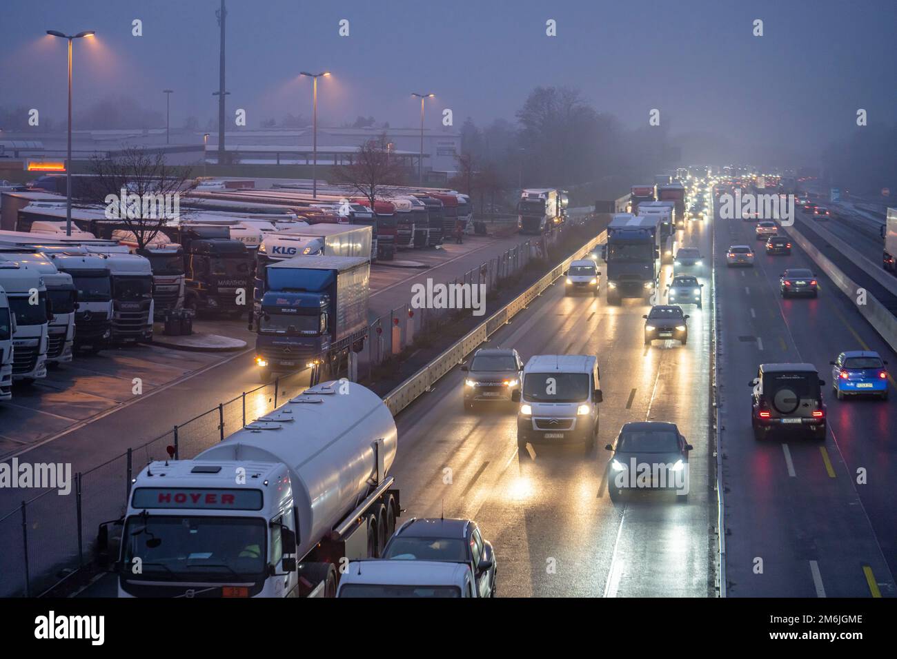 Heavy traffic on the A2 at the Bottrop-Süd service area, overcrowded ...