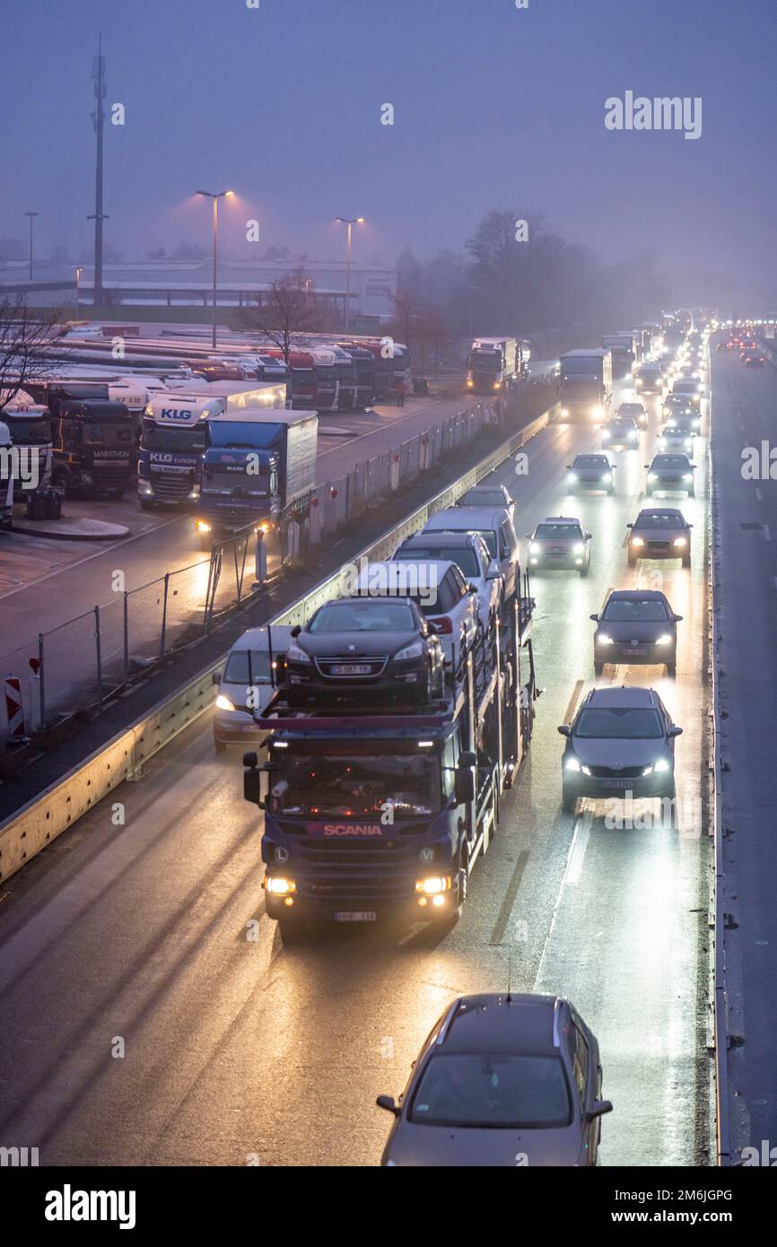 Heavy traffic on the A2 at the Bottrop-Süd service area, overcrowded ...