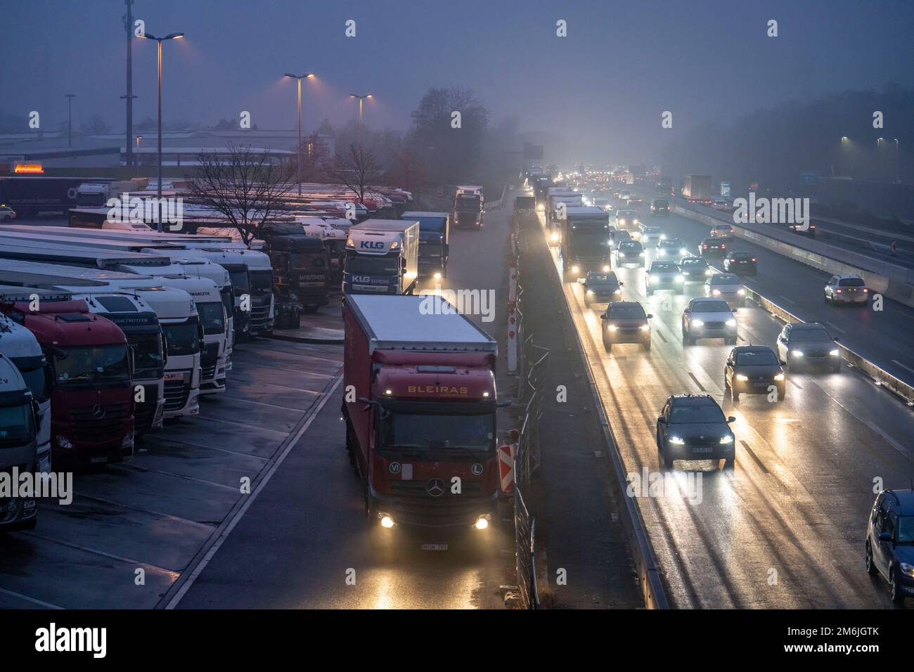 Heavy traffic on the A2 at the Bottrop-Süd service area, overcrowded ...