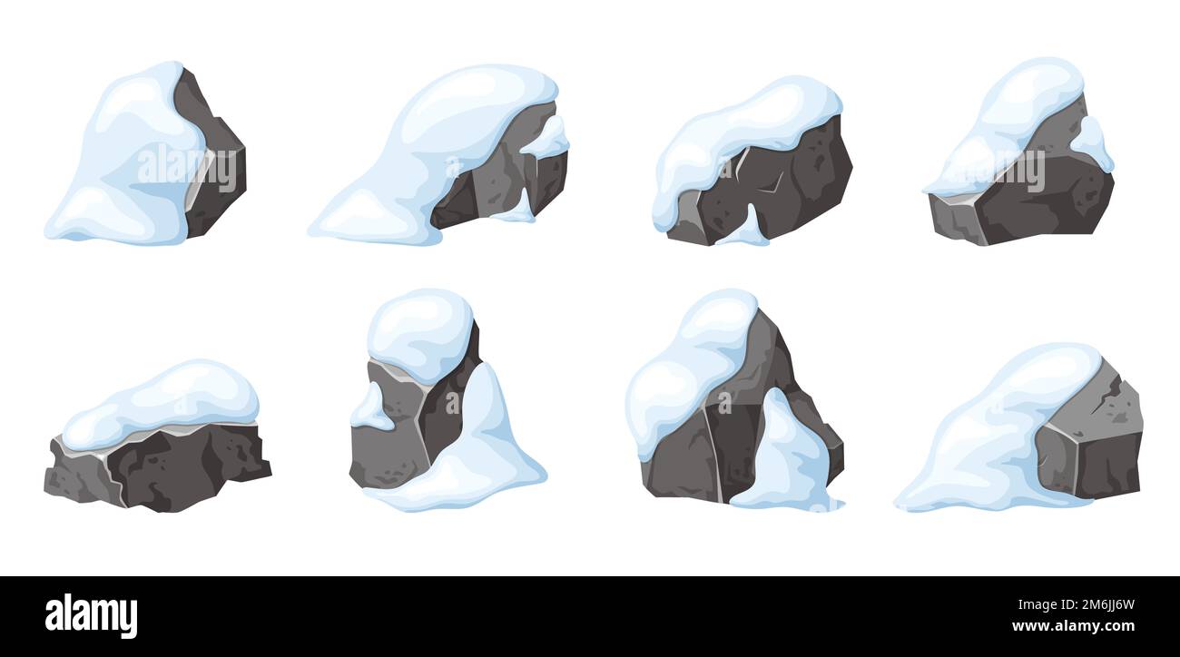 Set of stone and rock in snow. Snowy mountains in cartoon, heap of ...