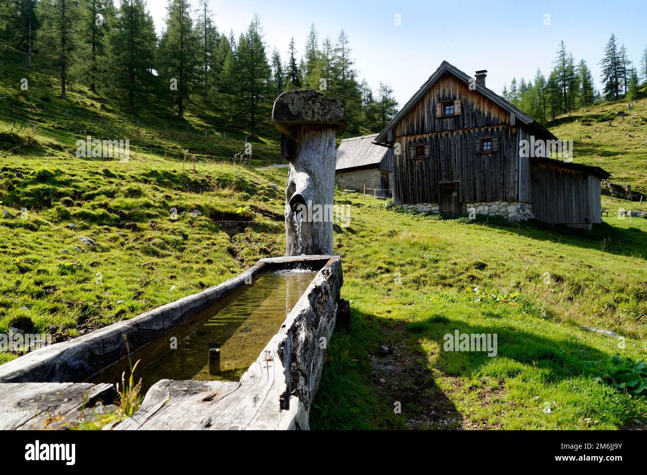 alpine cabin and a water trough by the foot of the Dachstein mountain ...