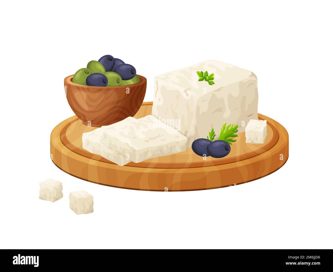Tofu on wood board, soybean, olive. Composition of sliced feta in ...
