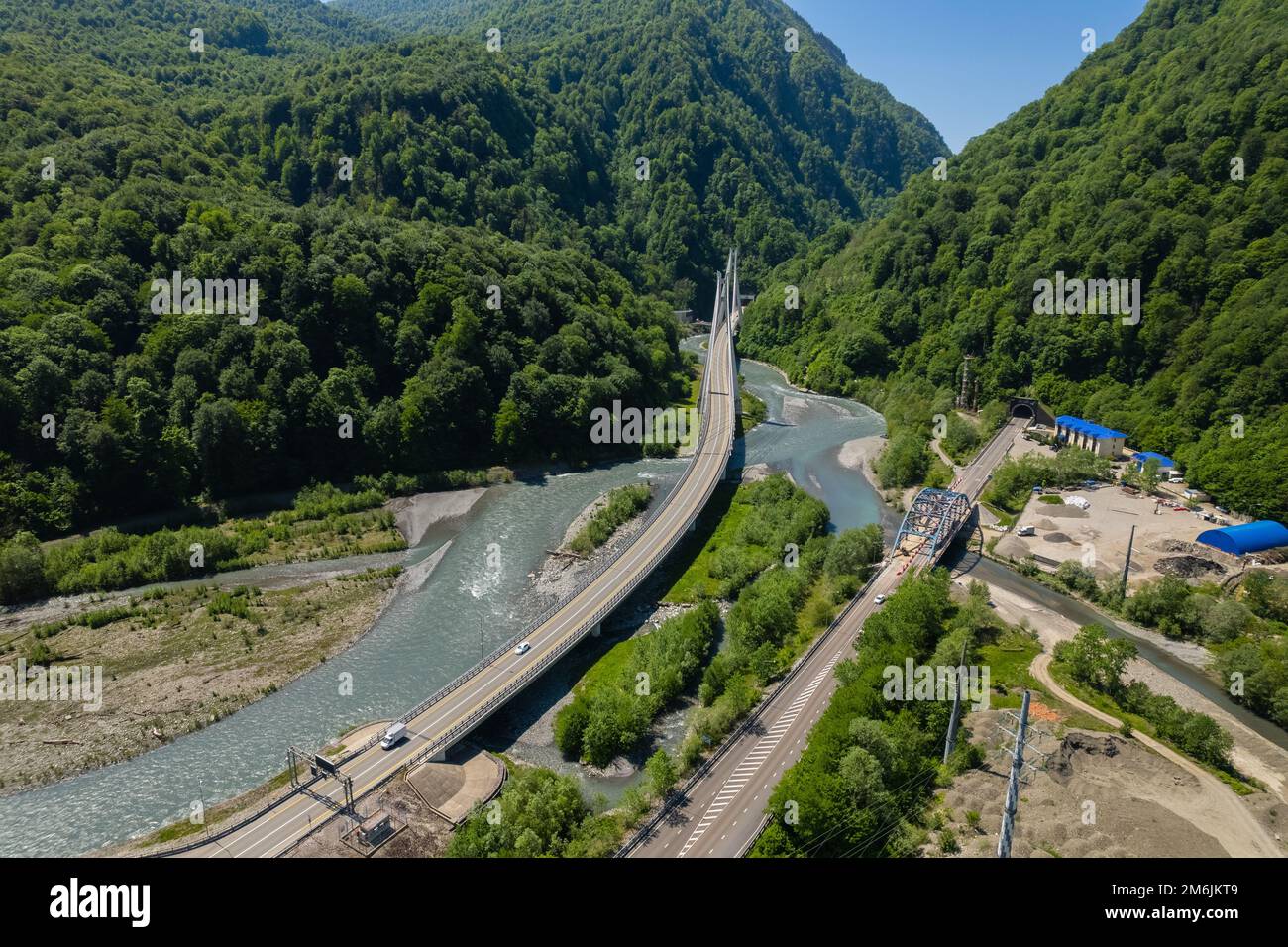 Cable-Stayed Bridge on the Adler-Krasnaya Polyana motorway. Aerial view ...