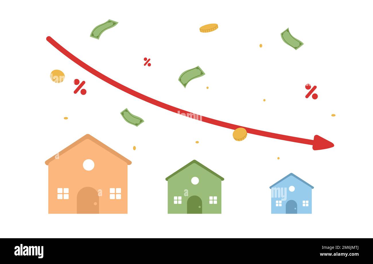 House with arrow graph down. The housing market is falling. Low prices ...