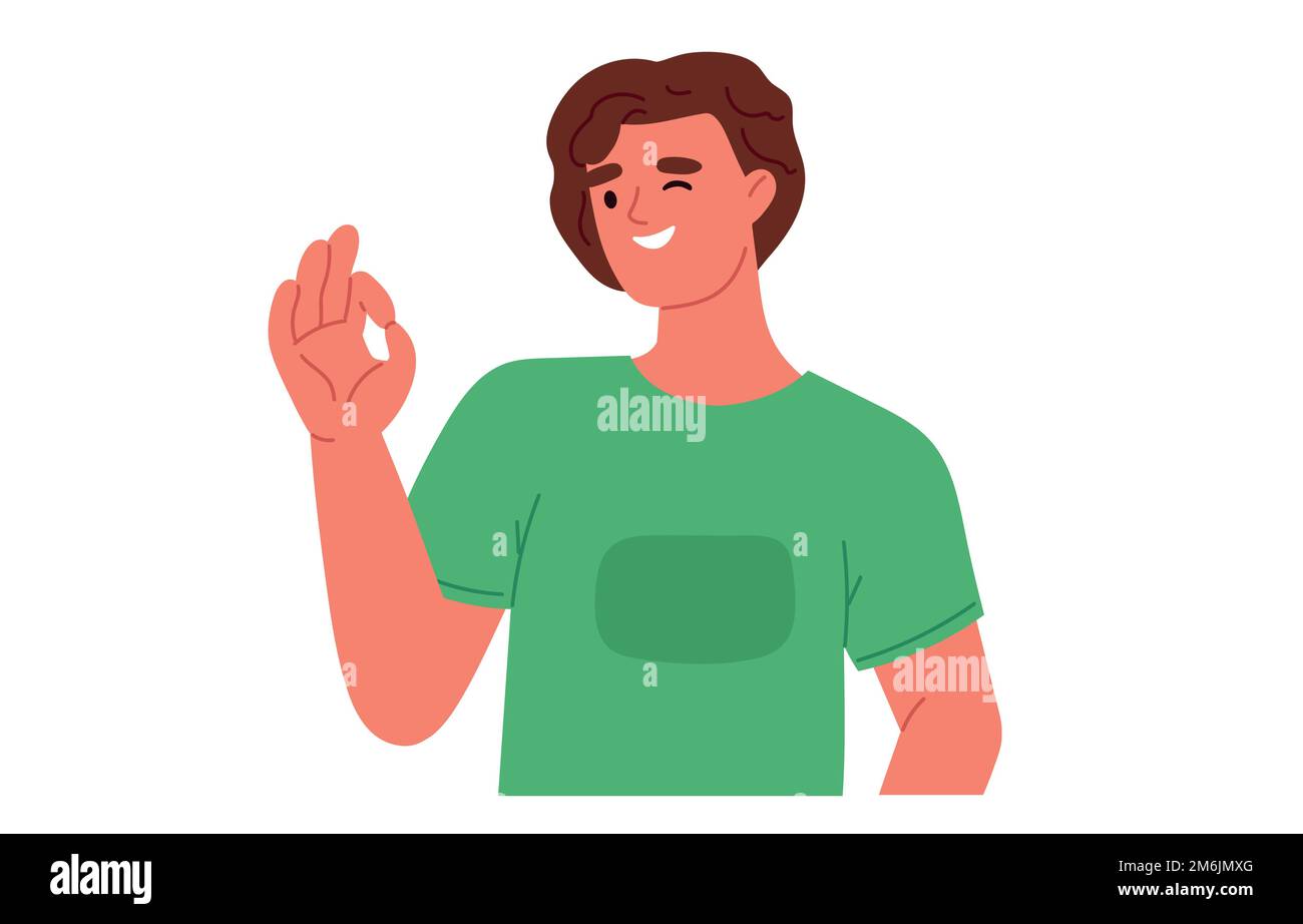 Ok sign and good gesture language concept. Happy man showing zero. Flat ...