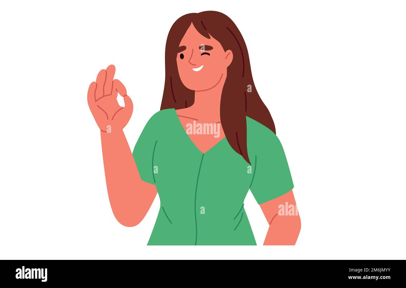 Ok or okay sign and good gesture language concept. Happy woman showing ...