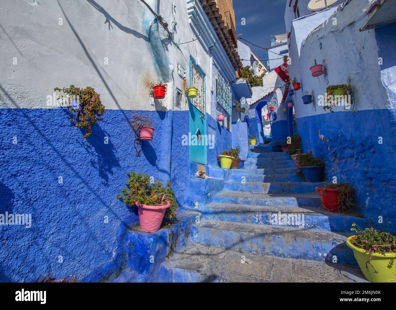 Blue street with color pots in Chefchaouen Stock Photo - Alamy