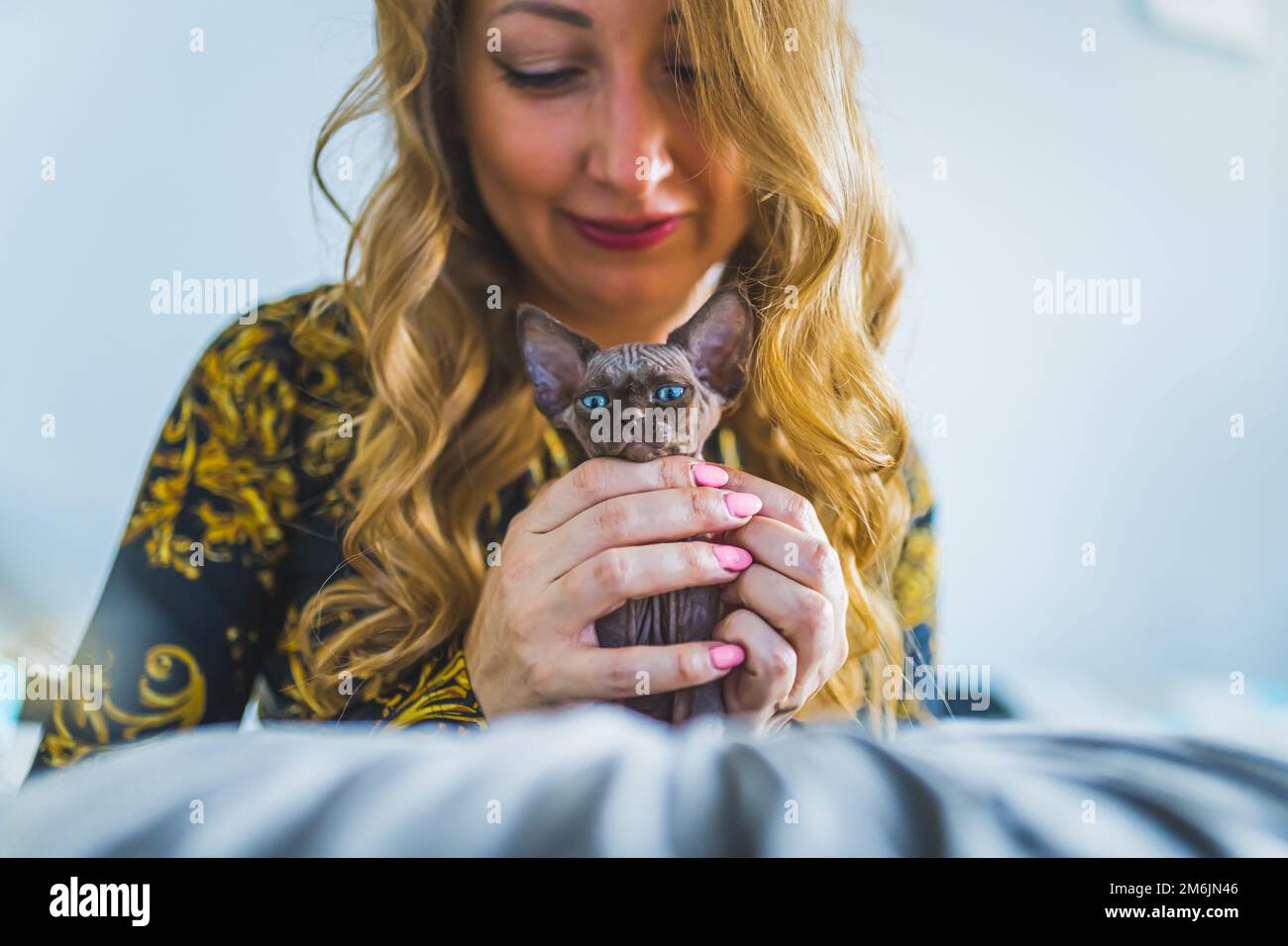 Cat in bed with woman hi-res stock photography and images - Alamy