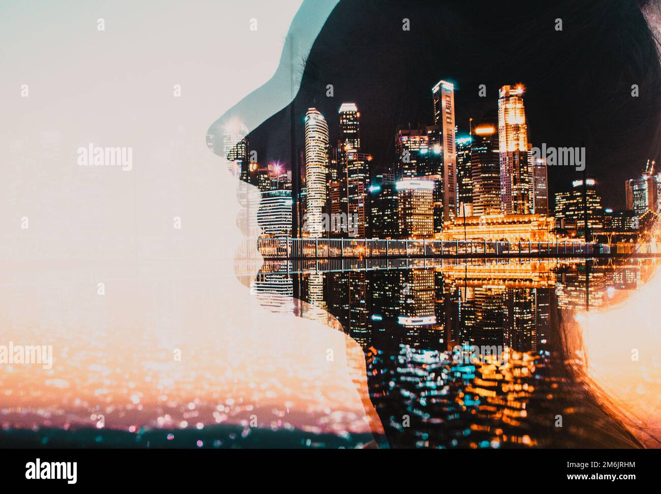 Ouble exposure of woman head and skyscrapers smart technology in modern ...