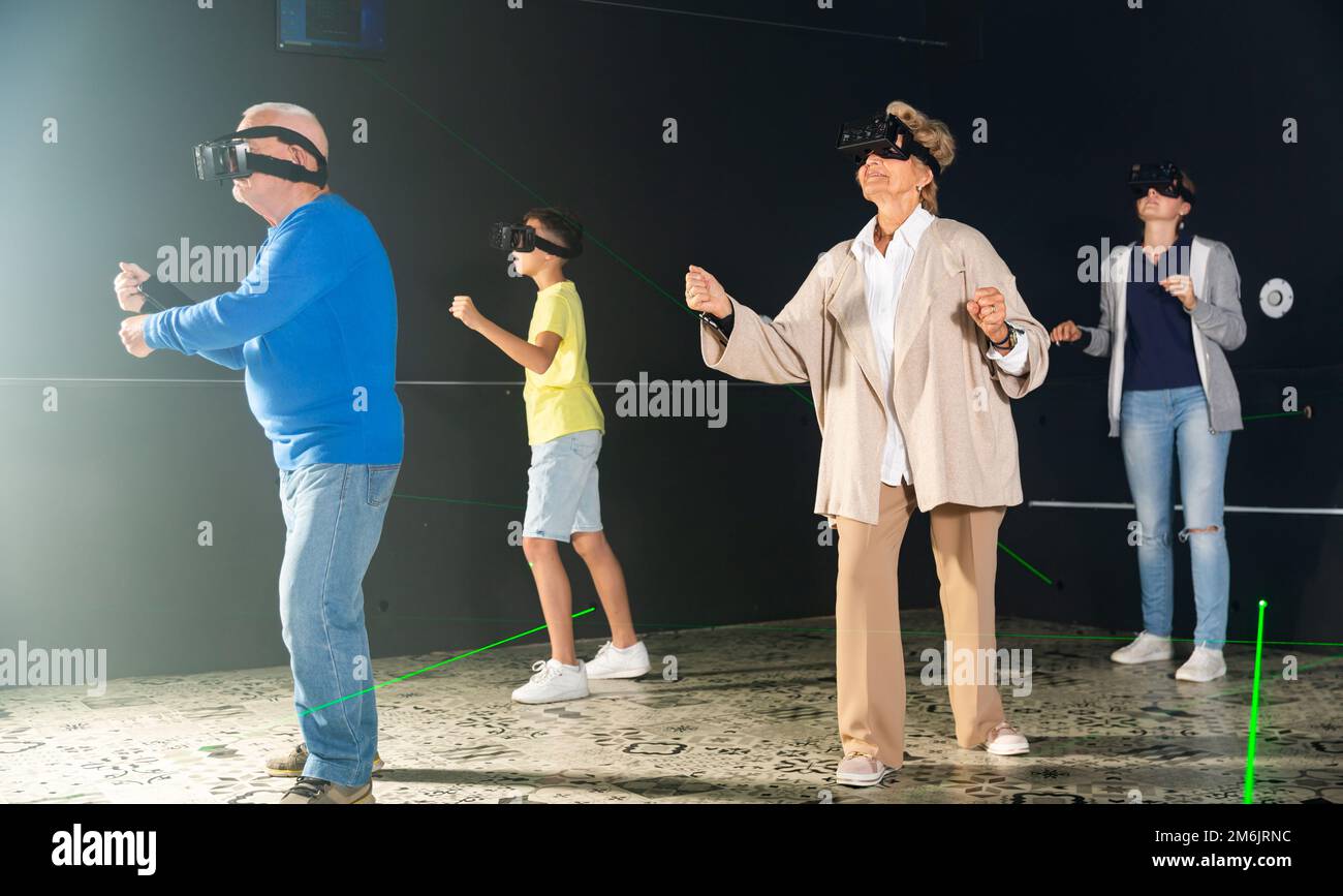 Family are wearing virtual reality goggles in quest room Stock Photo ...