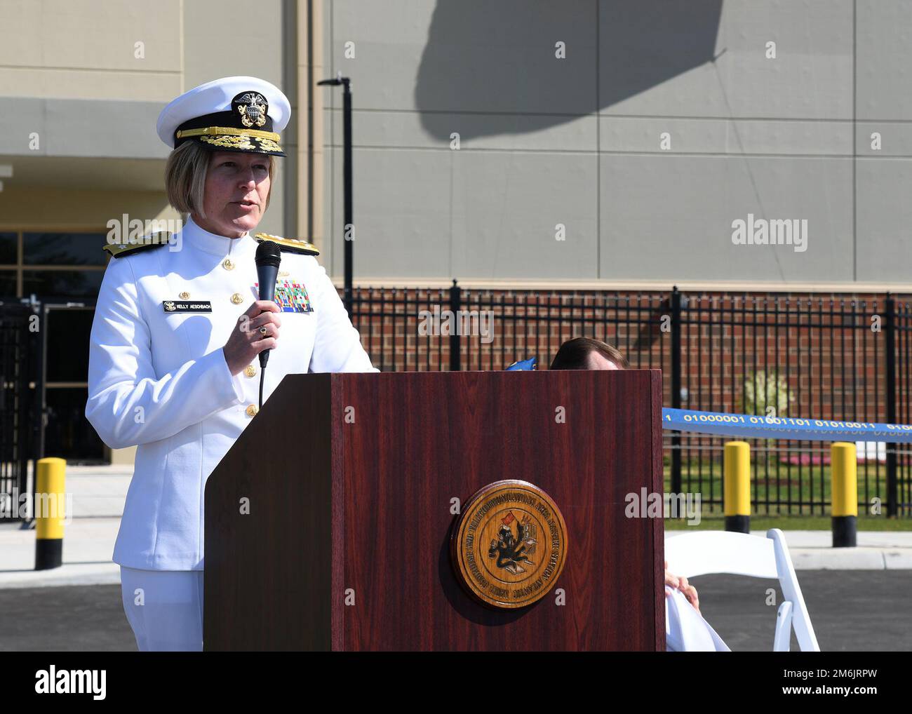 Vice Adm. Kelly Aeschbach, commander of Naval Information Forces gives ...