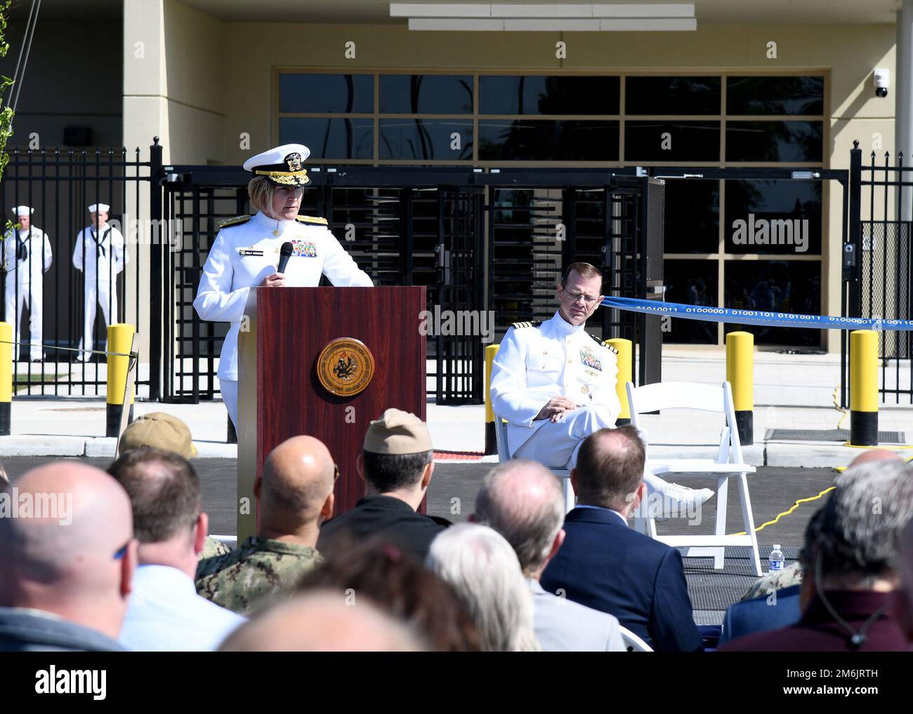 Vice Adm. Kelly Aeschbach, commander of Naval Information Forces gives ...