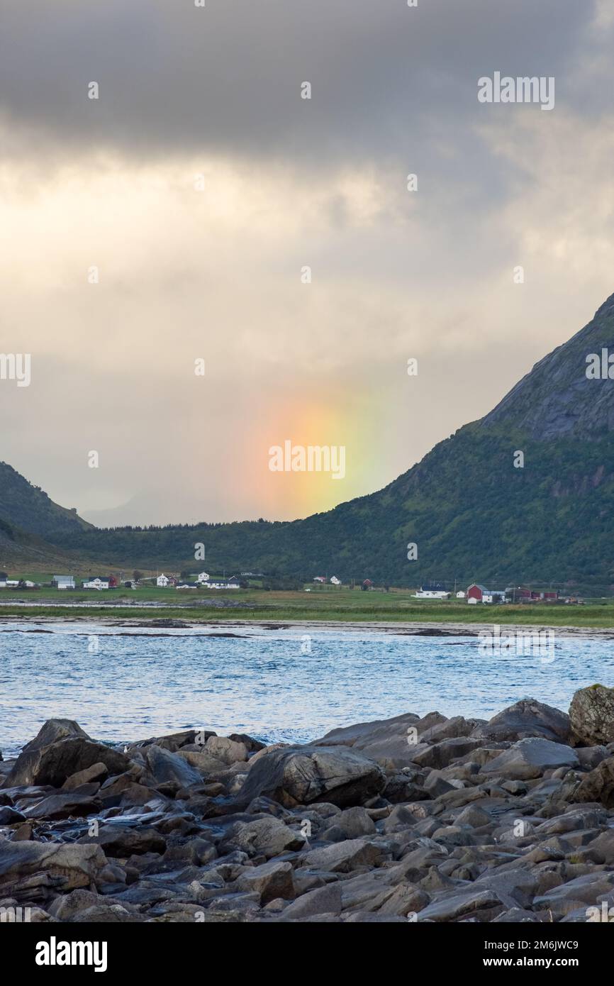 Beautiful rainbow over the Lofoten Islands, Norway Stock Photo - Alamy