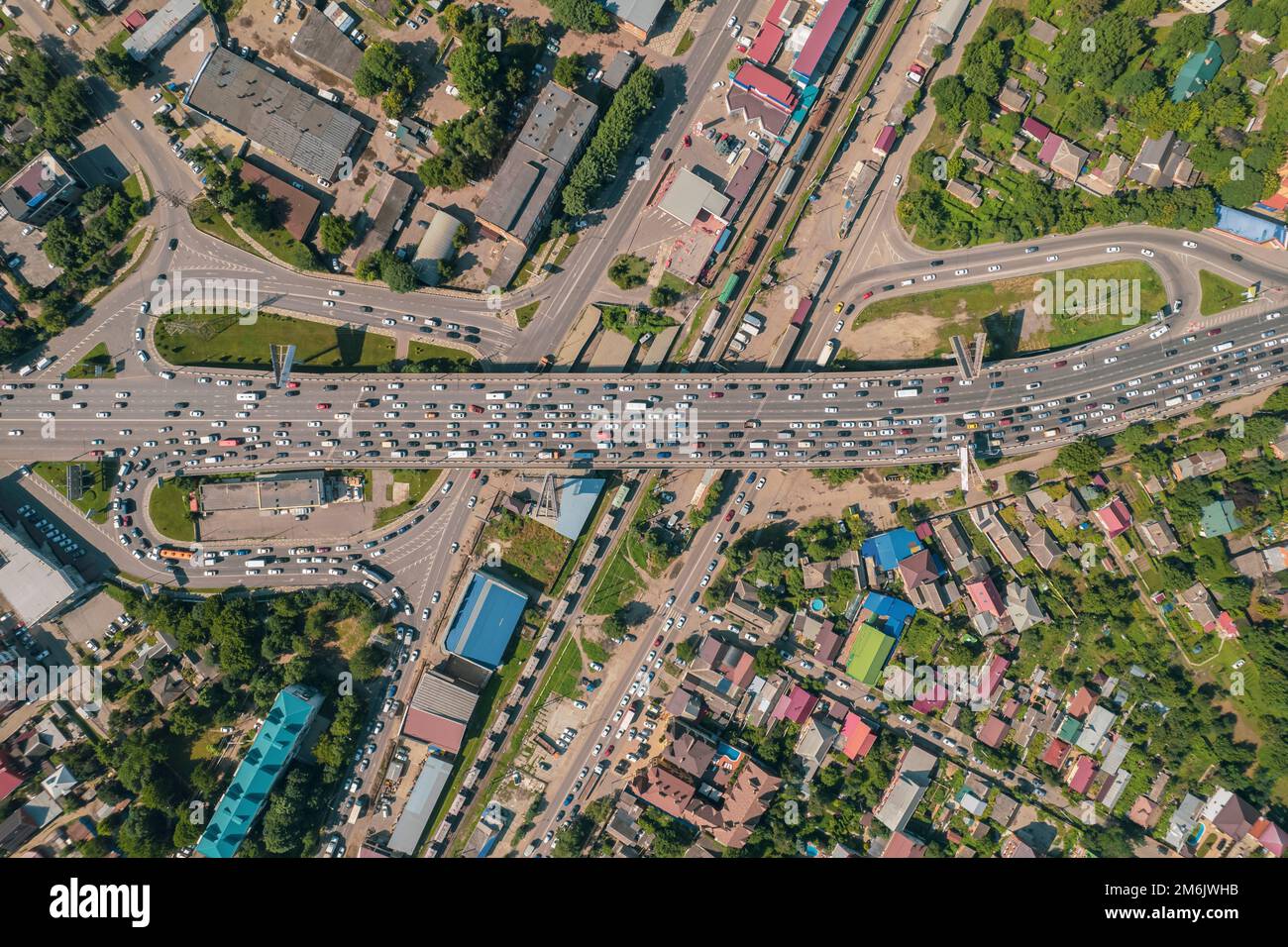 Transport Aerials - top down view of freeway busy city rush hour heavy ...