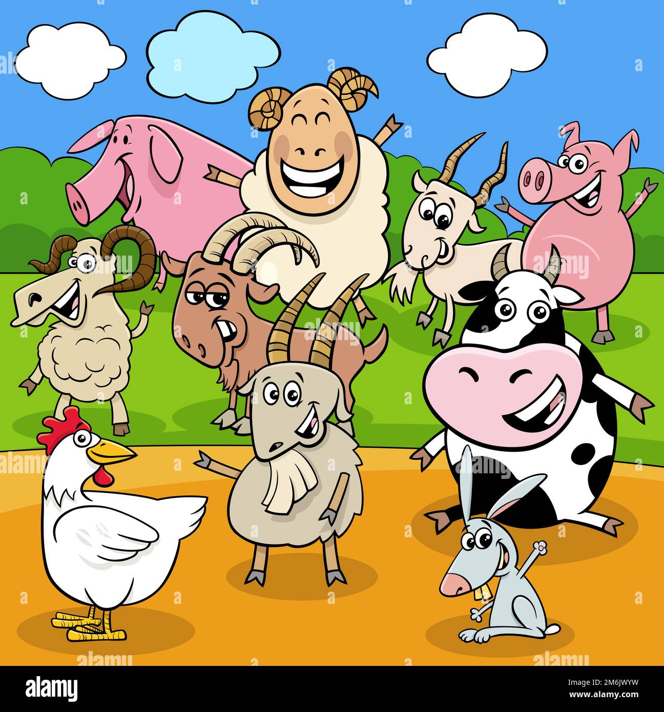 Cartoon farm animals characters group in the countryside Stock Photo ...