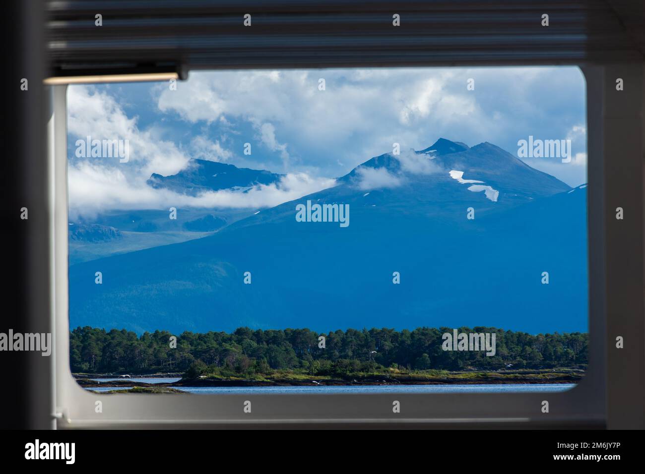 Norwegian fjord landscape framed in the window of a ferry Stock Photo ...