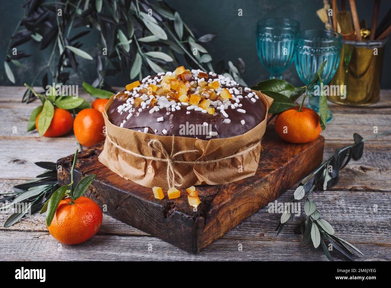 Traditional Italian Panettone Cioccolate cake stuffed with glanced ...