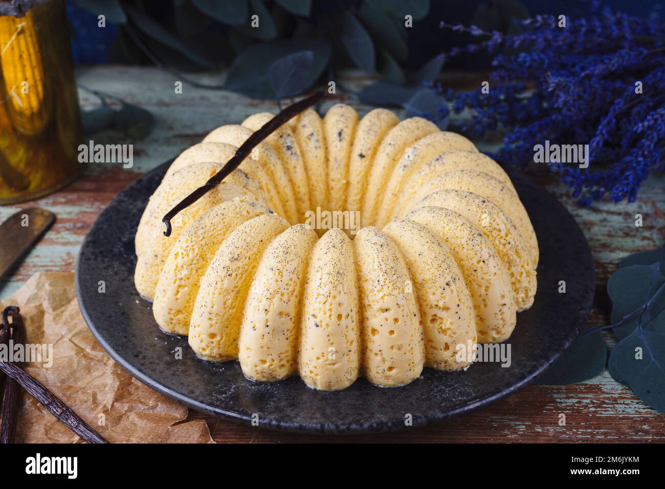 Traditional Italian steamed egg milk cream vanilla pudding in bundt ...