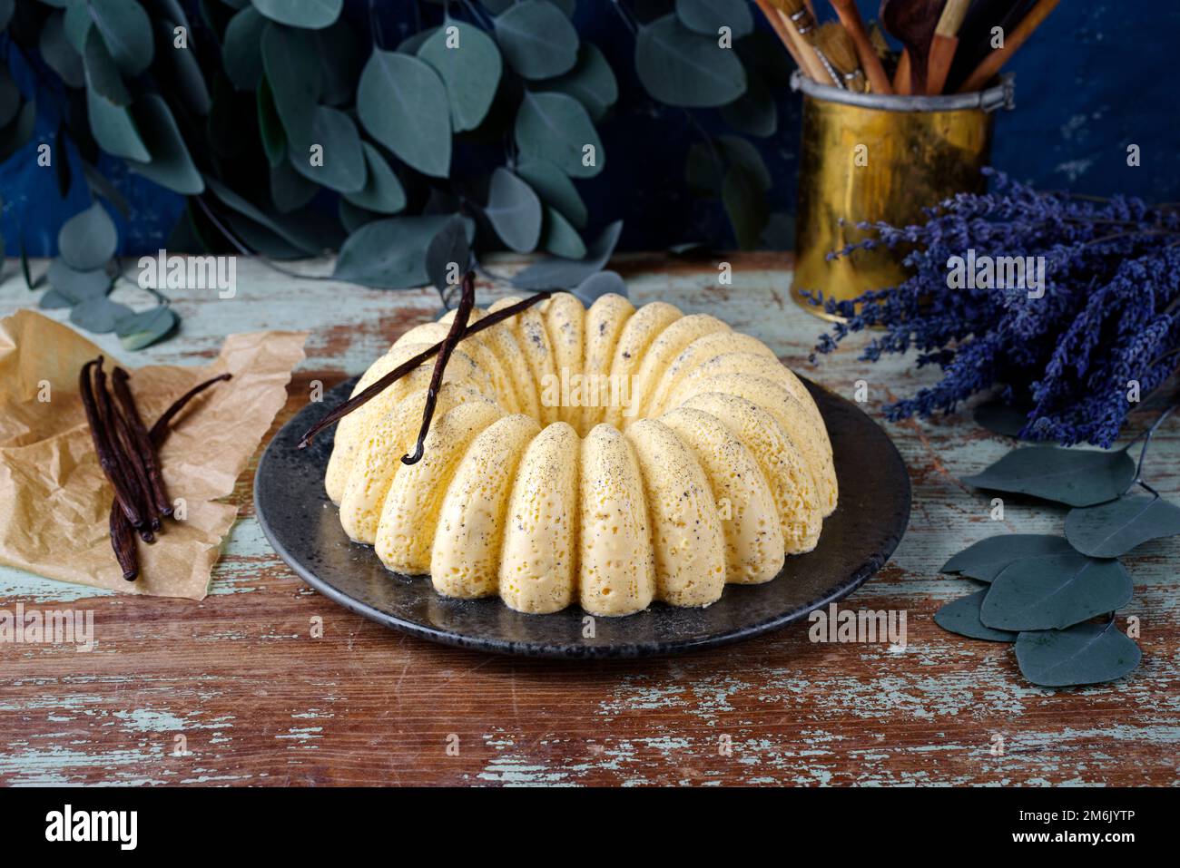 Traditional Italian steamed egg milk cream vanilla pudding in bundt ...